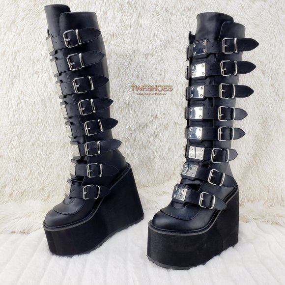 Demonia | Shoes | Wide Calf Trinity Swing Black Goth Platform Wedge ...